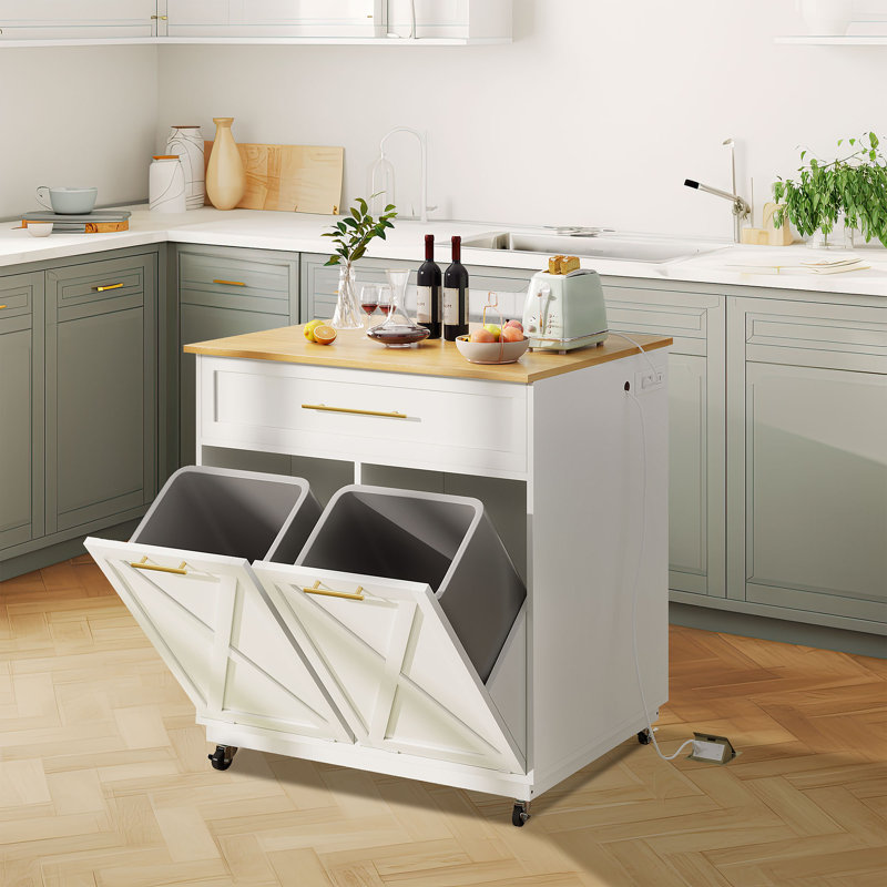 Laurel Foundry Modern Farmhouse® Berg Rolling Kitchen Island with Double Tilt Out Trash Can ...